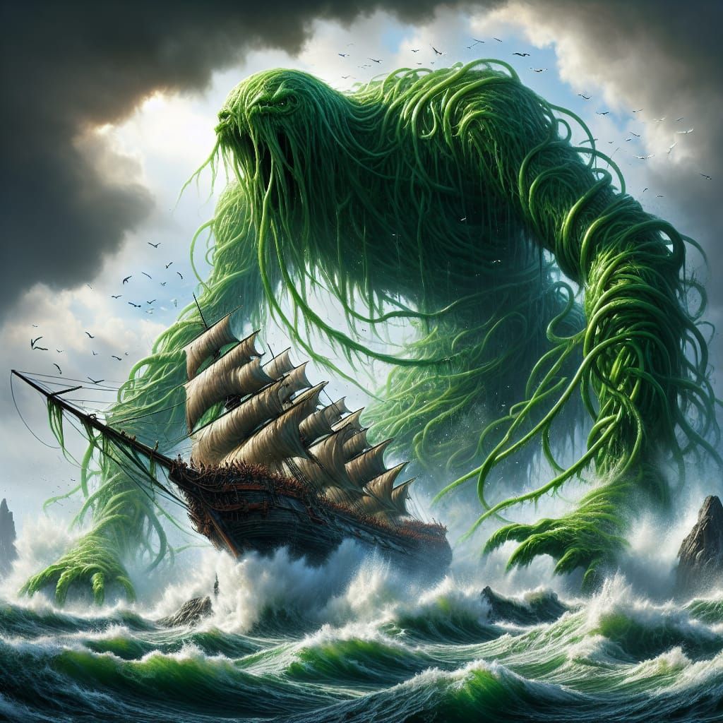 Can Artist AI show a writhing seaweed monster bursting out of the ocean ...