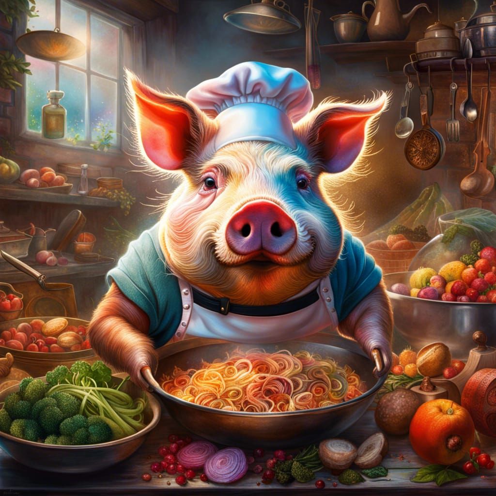 Cinematic Whimsical Pig wearing Chef hat, greedy kitchen Wonderland ...