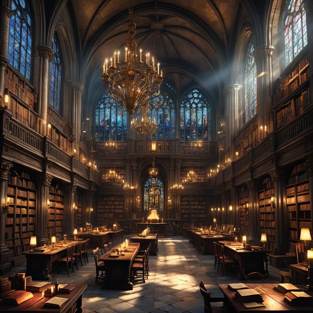 ancient library, soft candlelight, volumes of books spread out on desks ...