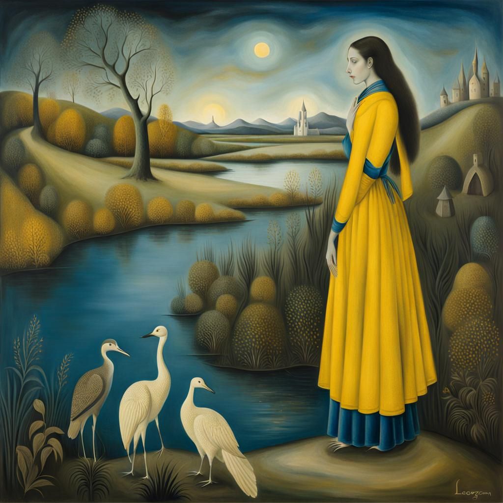 Beautiful woman at the riverbank. By Leonora Carrington - AI Generated ...
