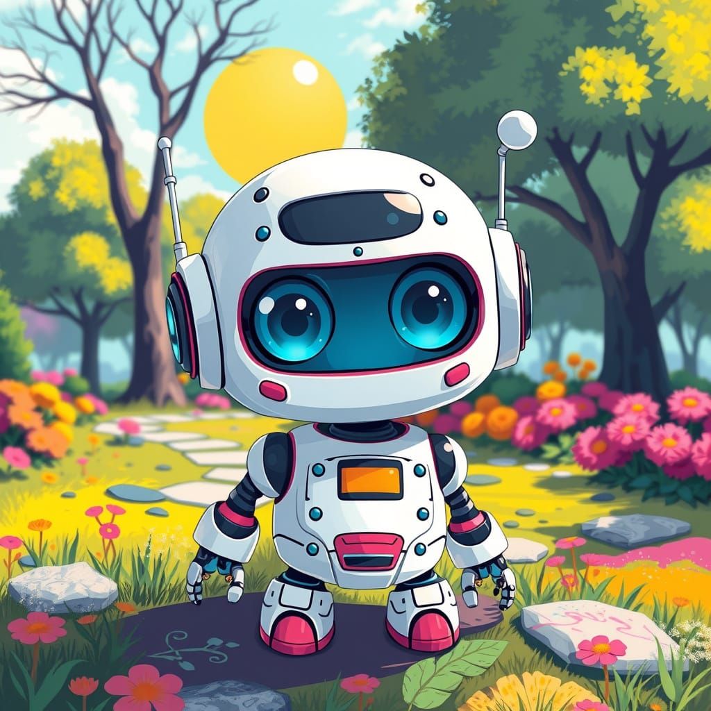 Pop art anime robot Cartoon. - Whimsical Robot in a Sunny Pa...