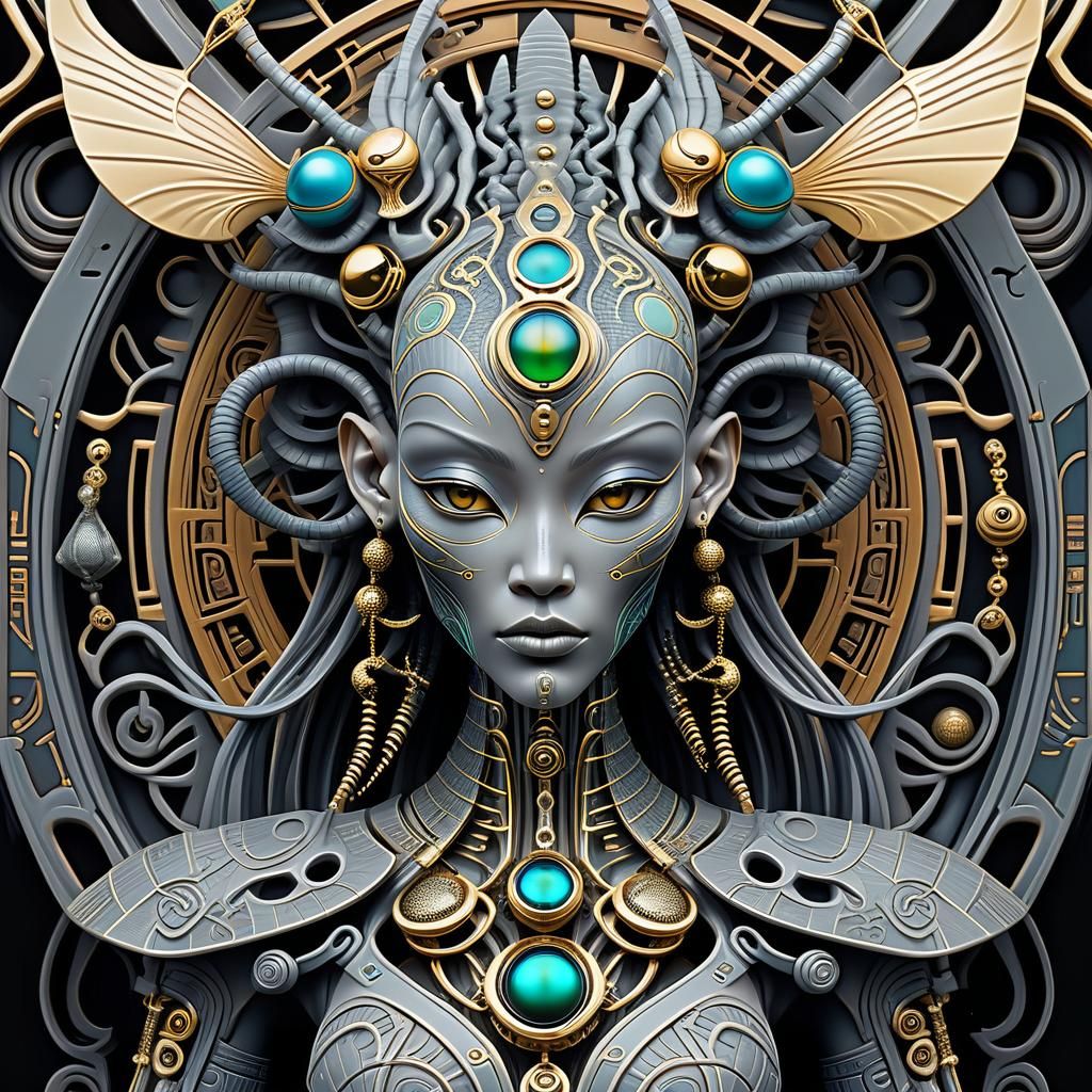 "symmetricaly swamp, Cyberpunk gothic art deco biomechanical grey alien ...