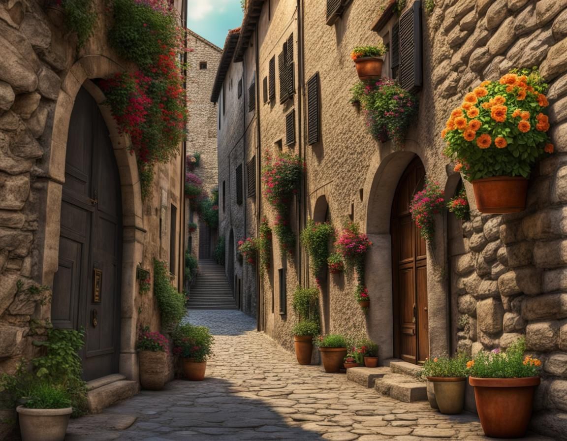 Old, narrow, Italian street, stone houses, arch, flower pots, 4k, Hyperdetailed - AI Generated ...