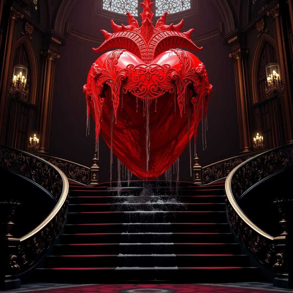 Gothic Grandeur: Blood Red Heart-Shaped Fountain o... - AI Art