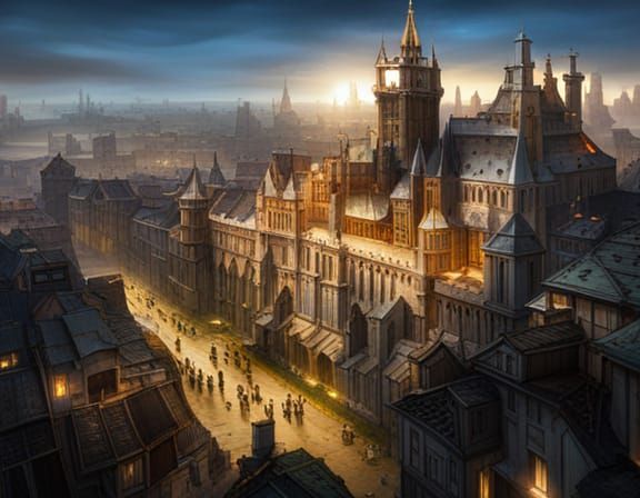 Massive citadel rising from the middle of a city, medieval fantasy ...