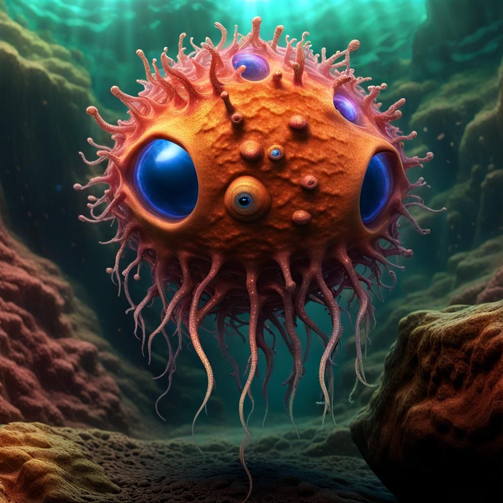 anthropomorphic microcosmic puffy protozoa swimming in magmatic plasma ...