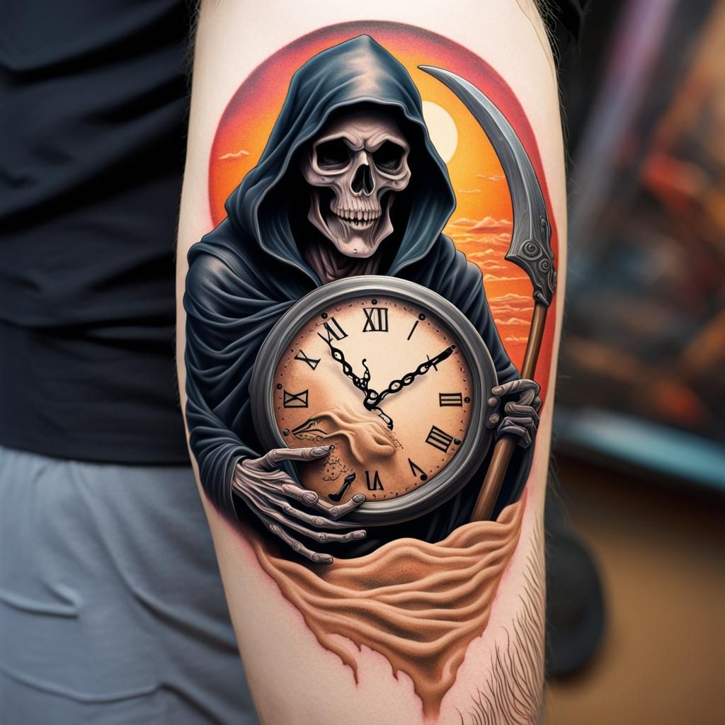 Grim reaper holding sand hour clock, 3D tattoo, Flash tattoos , outlaw ...