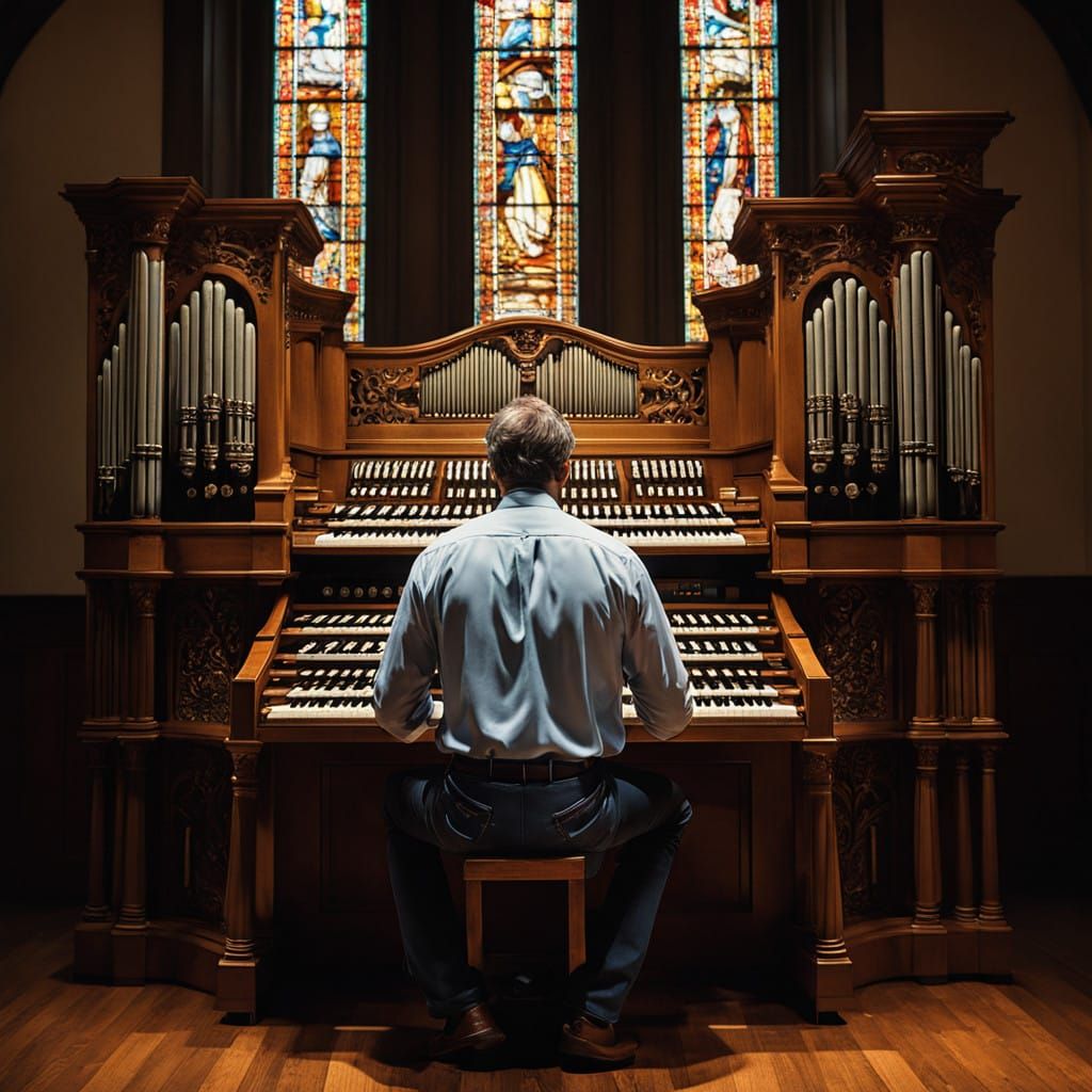 A young man wearing business casual; playing the organ inside a church