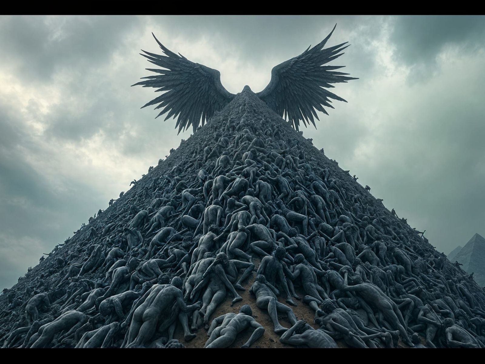 A dark mal Angel stand at the top a huge pyramid the size of the ...