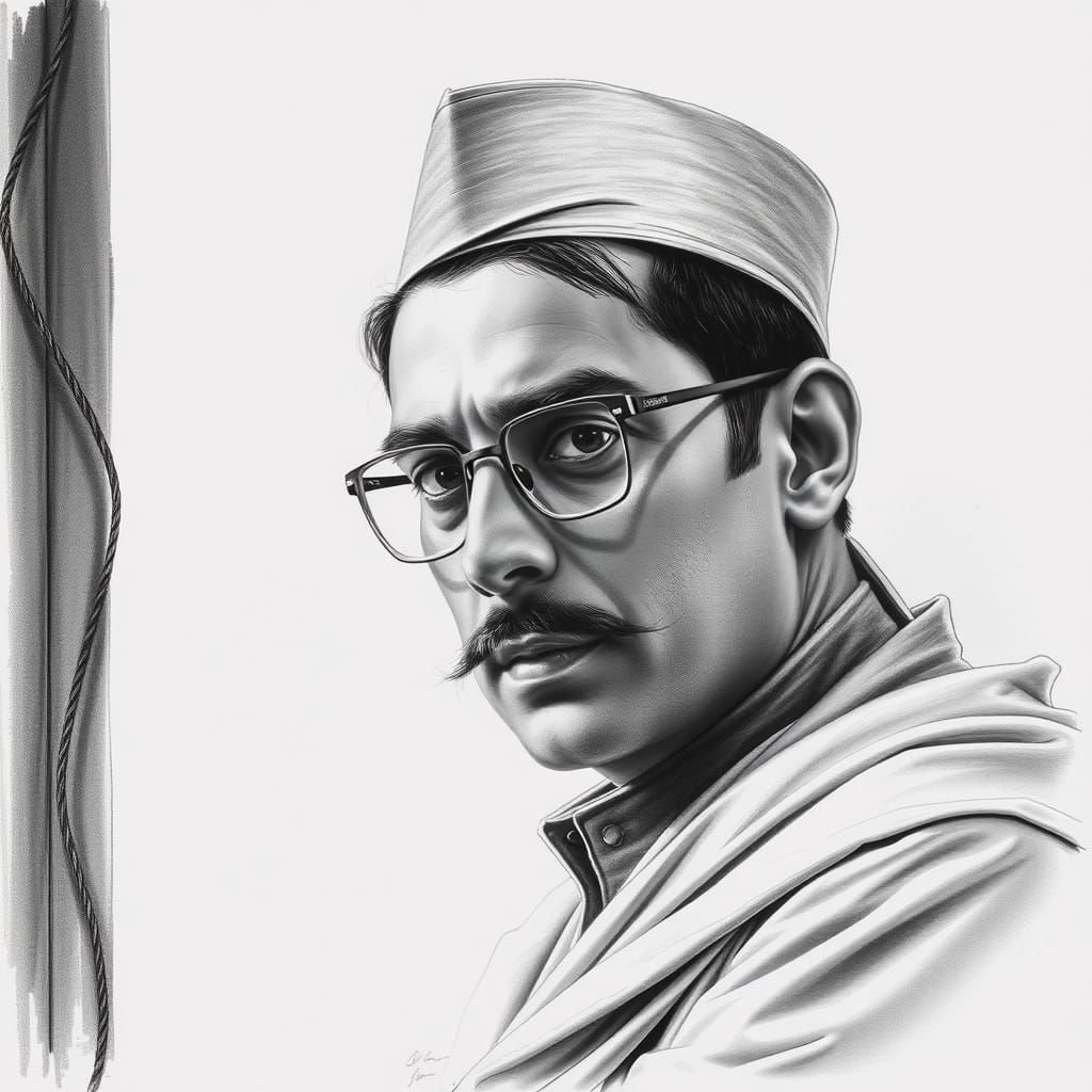 Pencil Drawing of an Indian Revolutionary in Khadi clothes