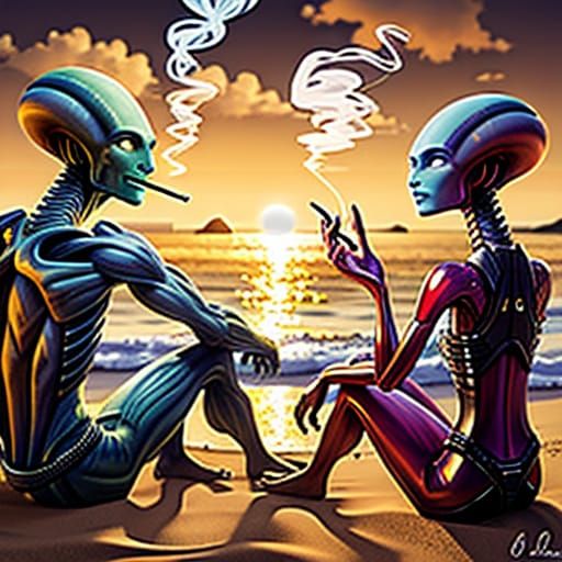 Aliens Enjoy a Relaxing Beach Smoke - AI Art