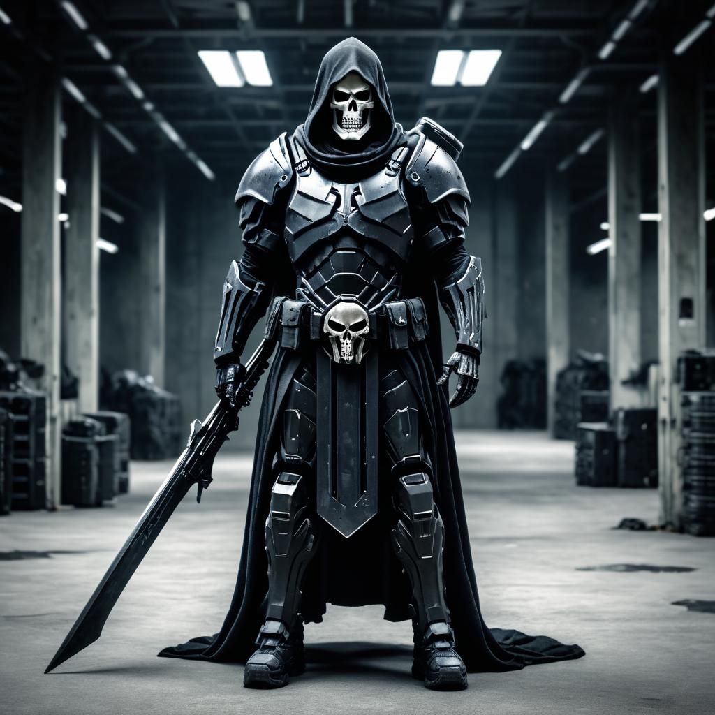 Halo Spartan in black tactical armor grim reaper in military facility ...