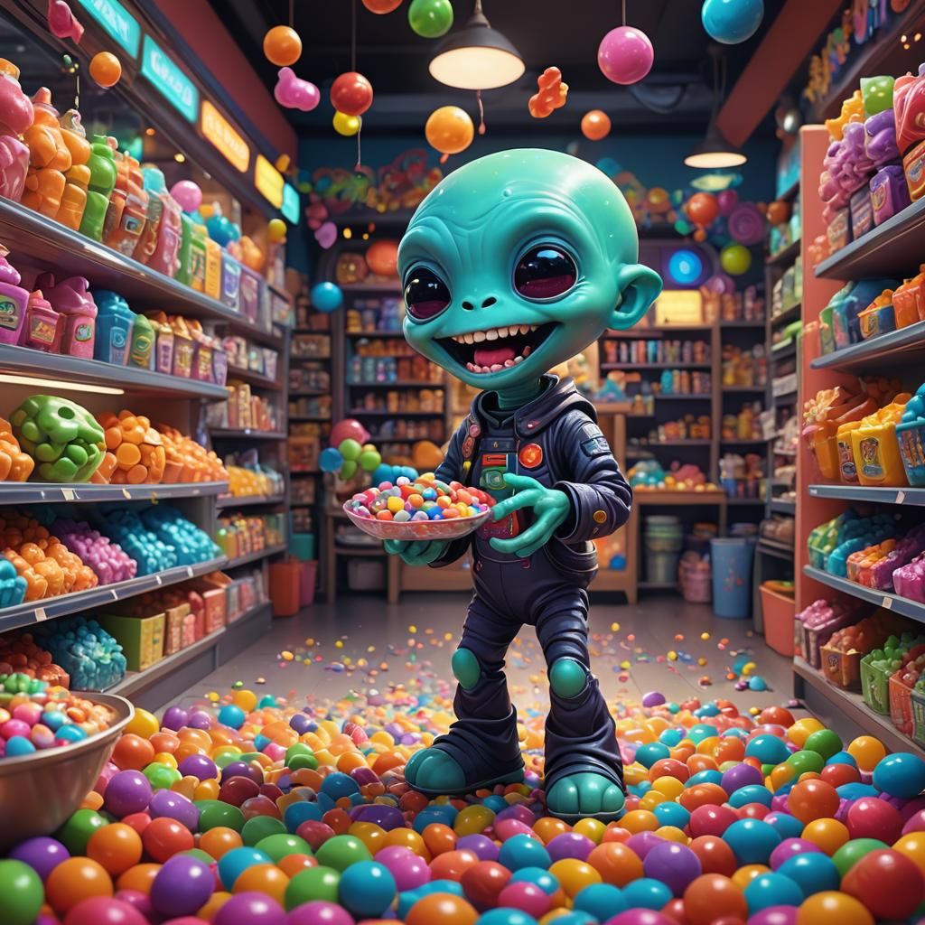 Alien caught in a candy shop - AI Generated Artwork - NightCafe Creator