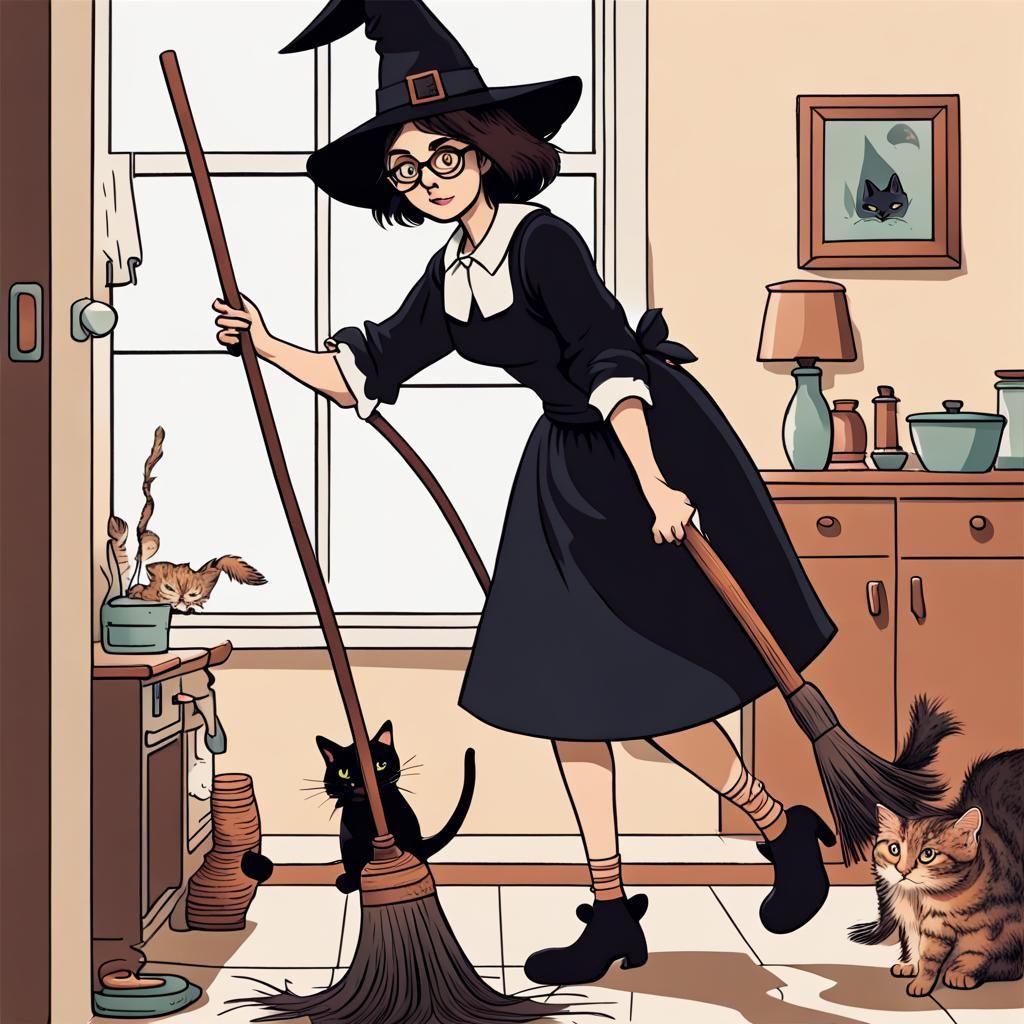 witch with glasses and dark brown hair cleaning house sweeping with ...