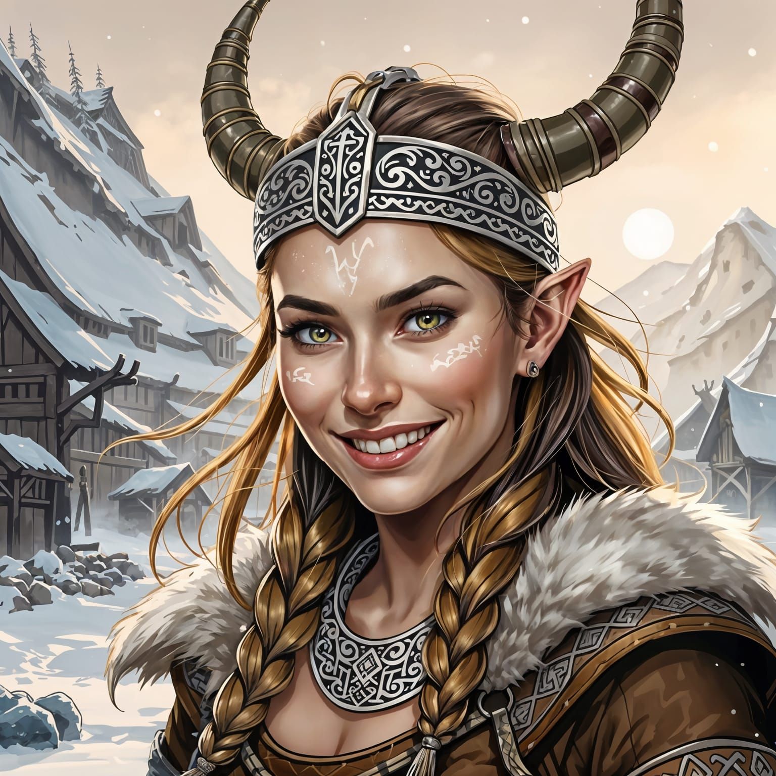 A radiant brown and white portrait of a beautiful Viking woman with a ...