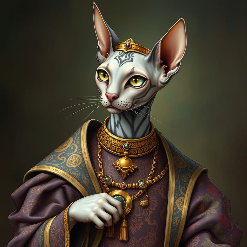Elegant Sphinx Cat in Opulent Sheik's Robes - AI Art