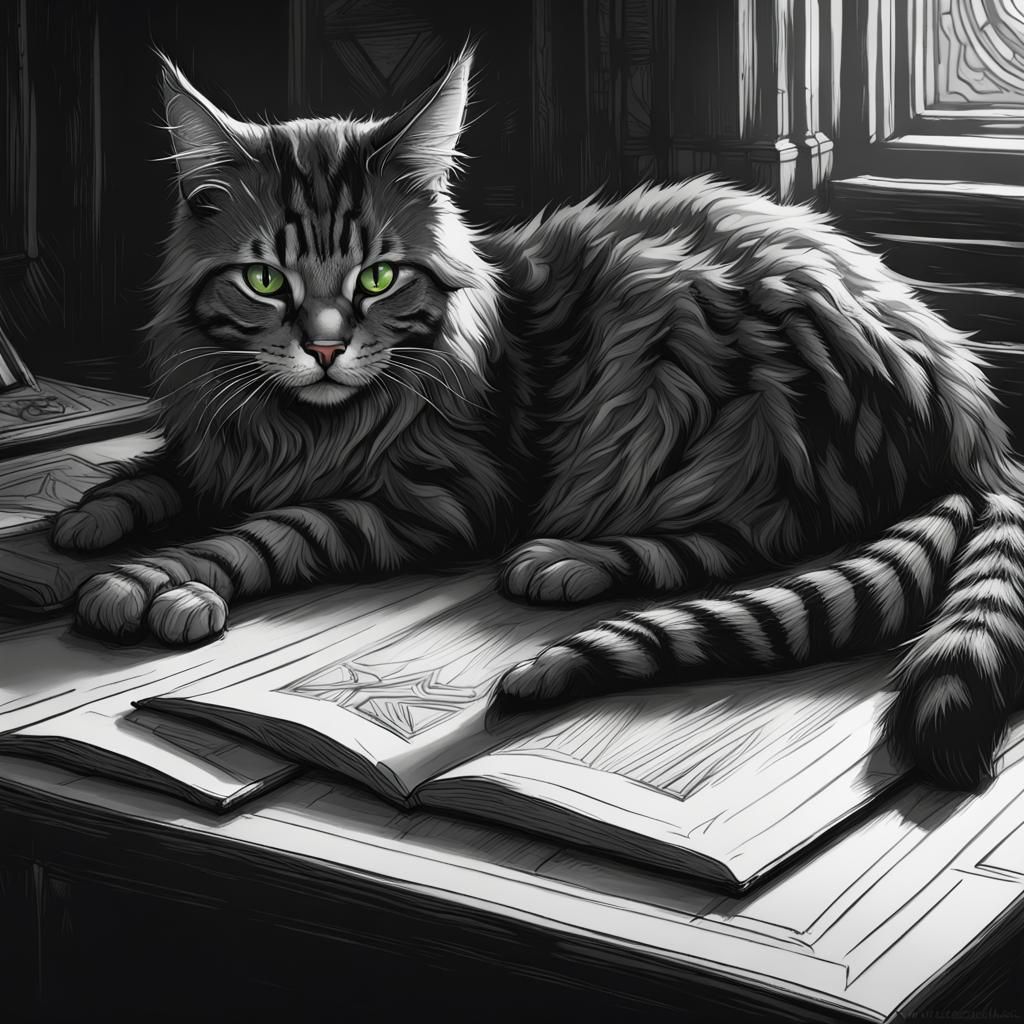 dark, cat, furry, tabby, large, detailed, intricate. Black and white drawing in the style of the ...