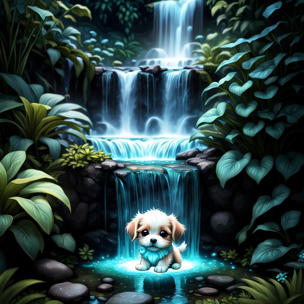 adorable cute chibi baby furry Puppy with a bioluminescent Waterfall in ...