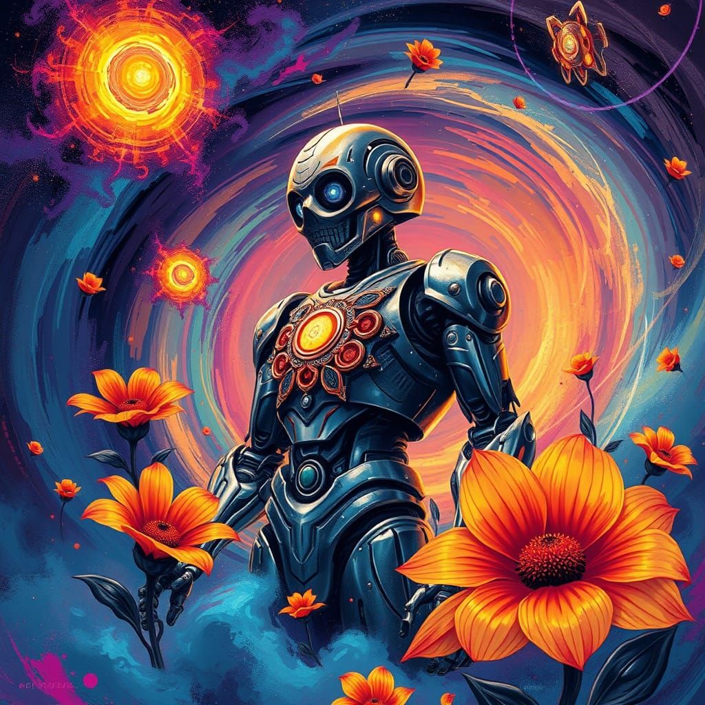 Cyberpunk Cosmic Robot Amongst Radiant Flowers - AI Art