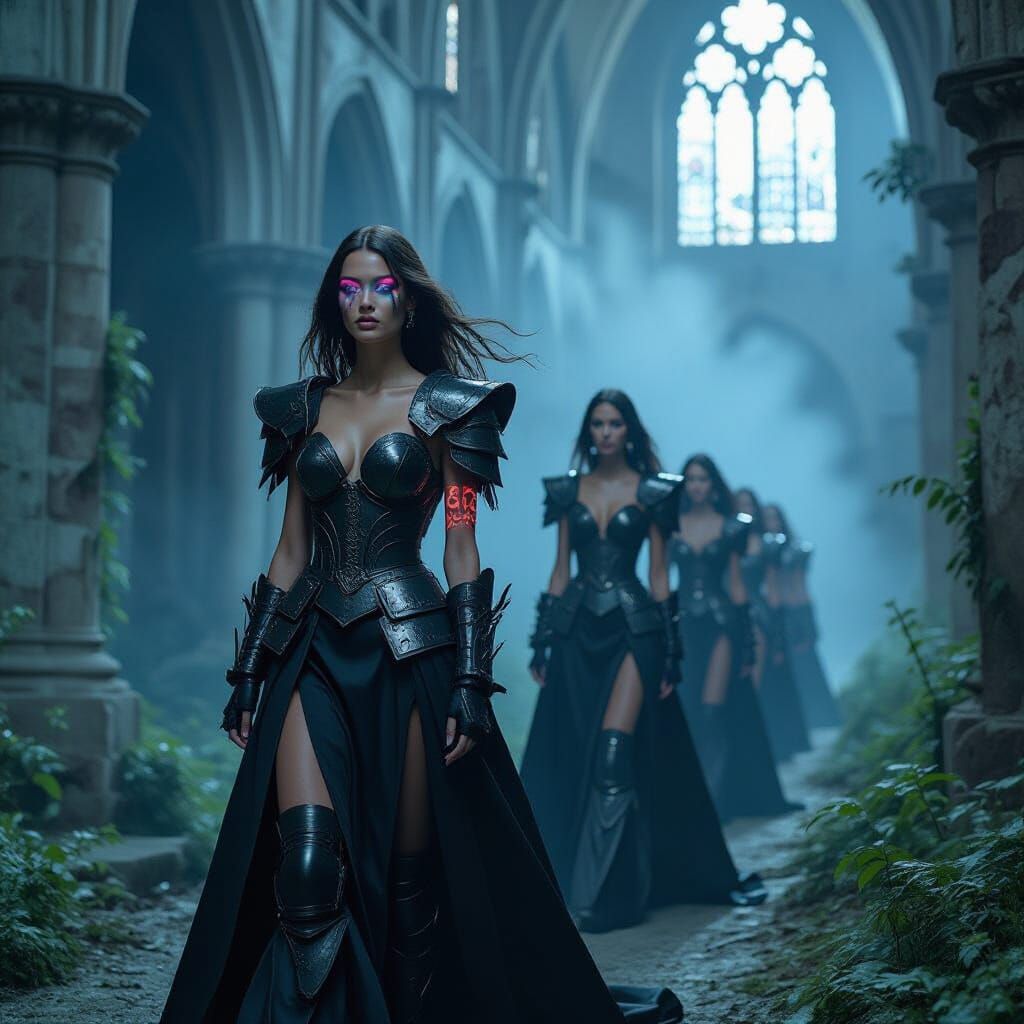 A dramatic fashion runway set in a crumbling cathedral, models wearing ...