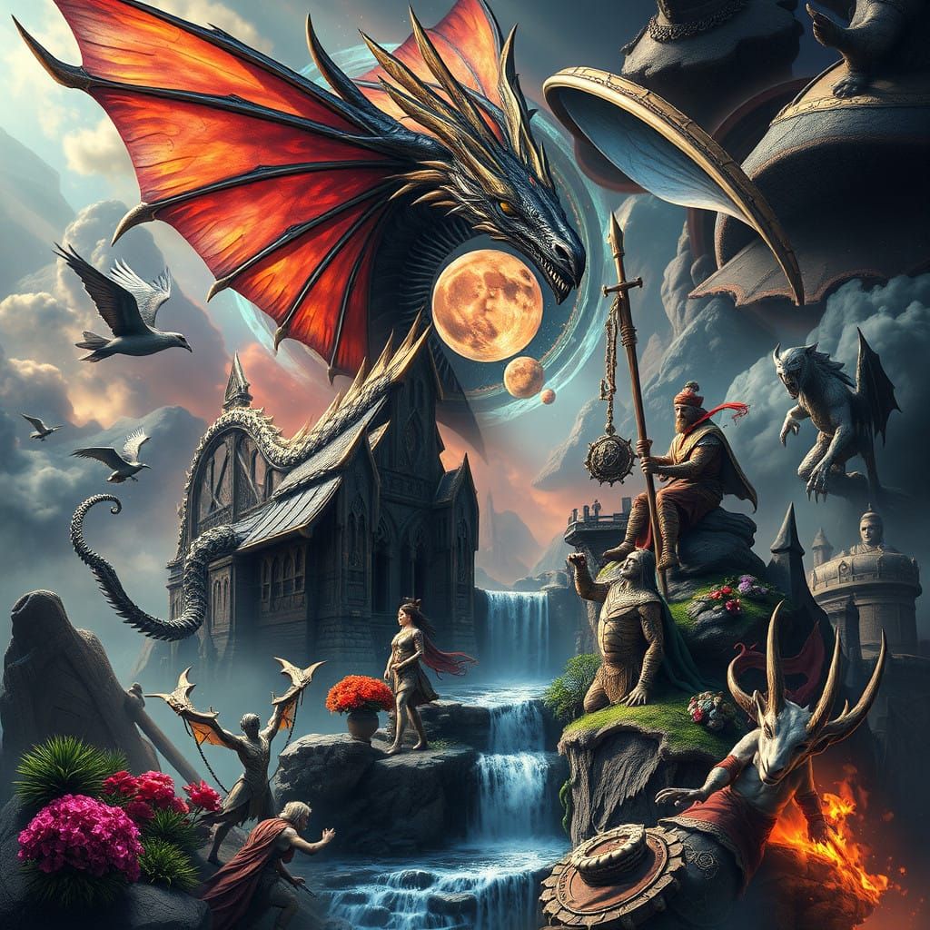 Mythical collage - Epic Fantasy Collage in Deep, Vibrant Col...