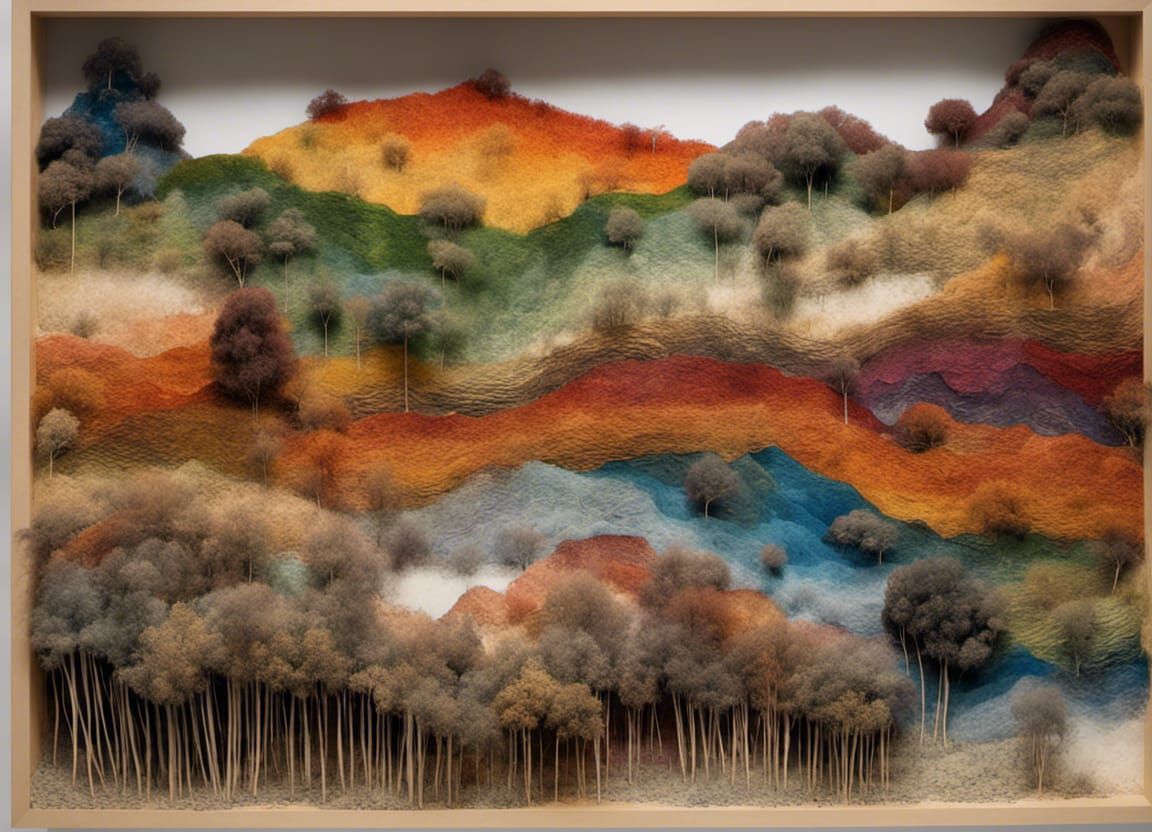 3D sculptural collage landscape using multihued hair-clippings swept up ...
