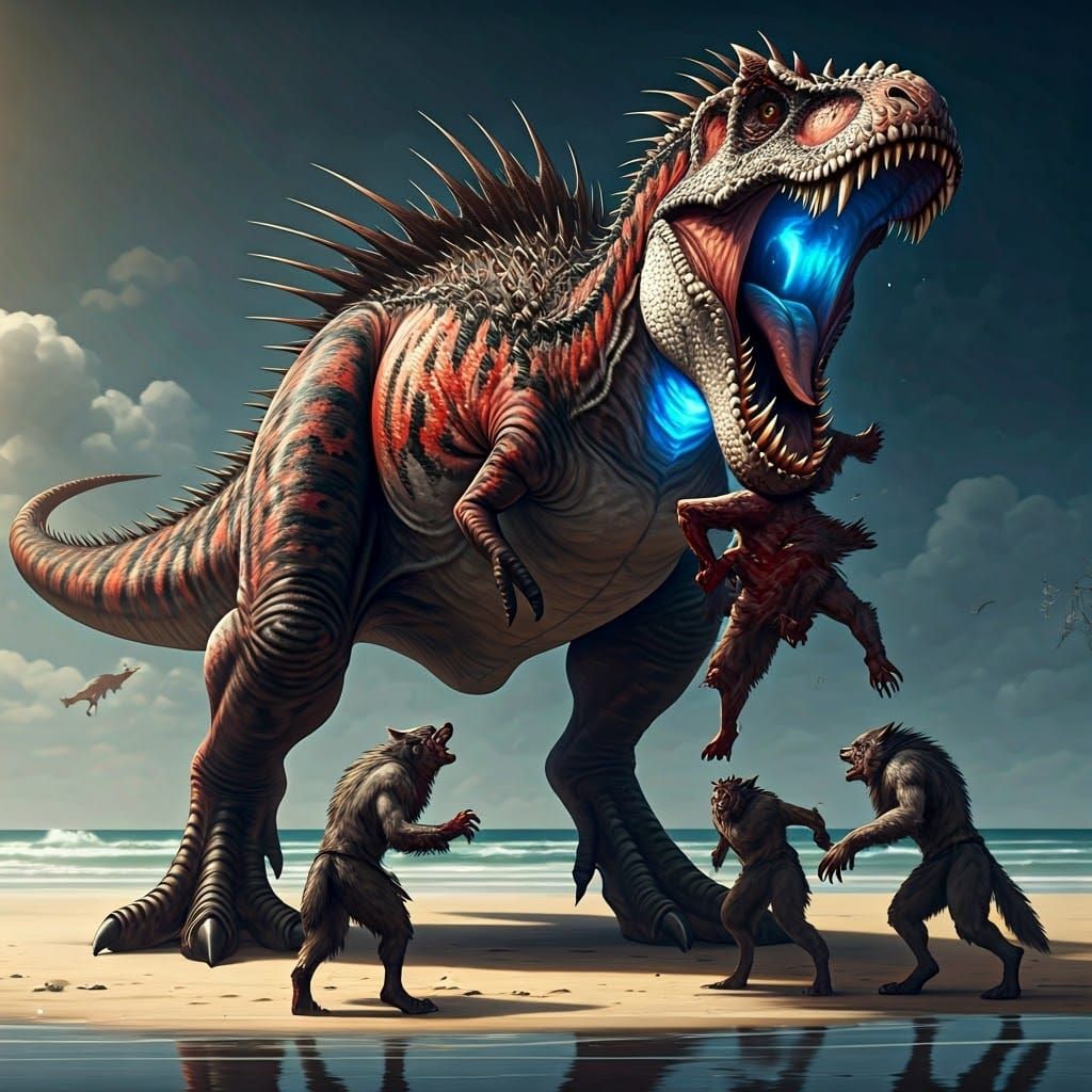 Mutant Tyrannosaurus Rex in Epic Beach Battle - AI Art