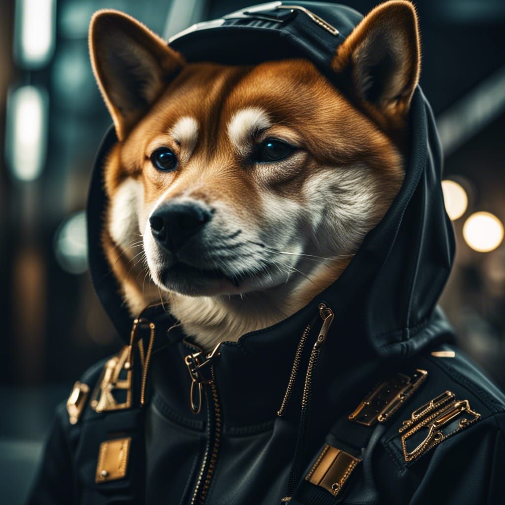 A epic scene of a Shiba Inu wearing techwear and streetwear clothes ...