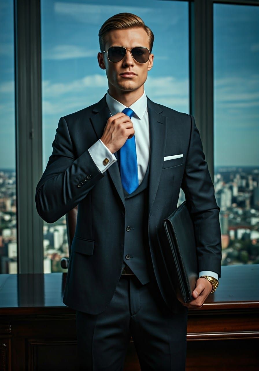 Dapper Daredevil - Confident Lawyer in Cityscape Office