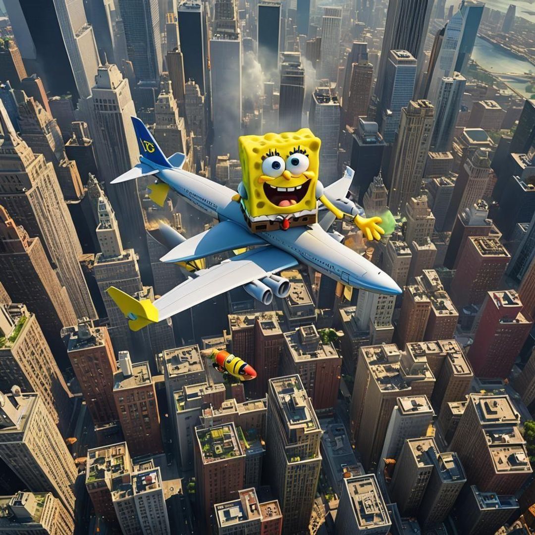 spongebob on top of a commercial jet liner flying in the air above new ...
