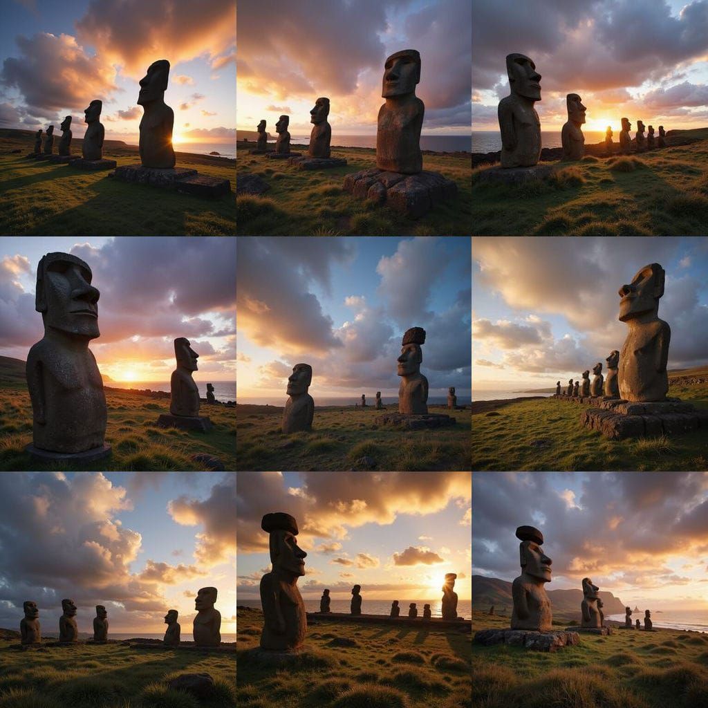 Easter Island Moai Statues Under Golden Hour - AI Art