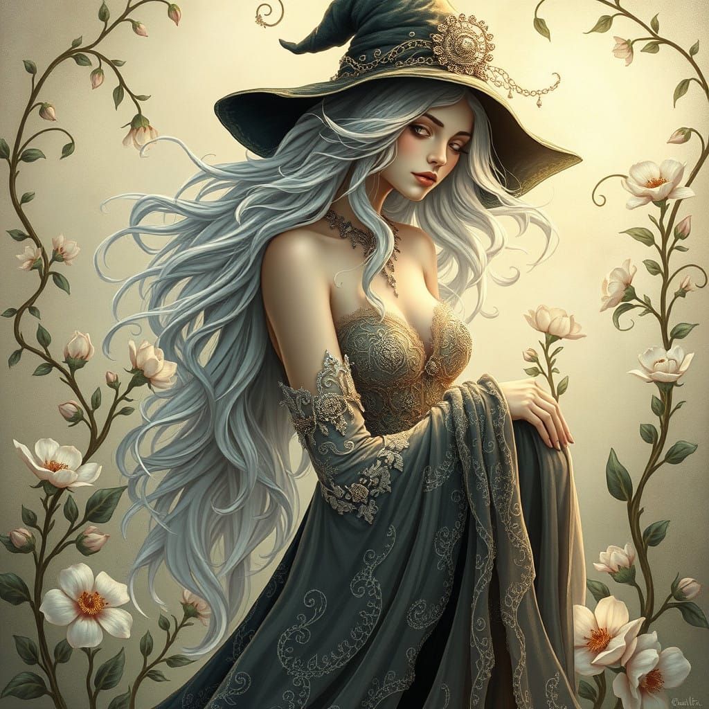 Ethereal Art Nouveau Portrait of a Mystical Witch - AI Art