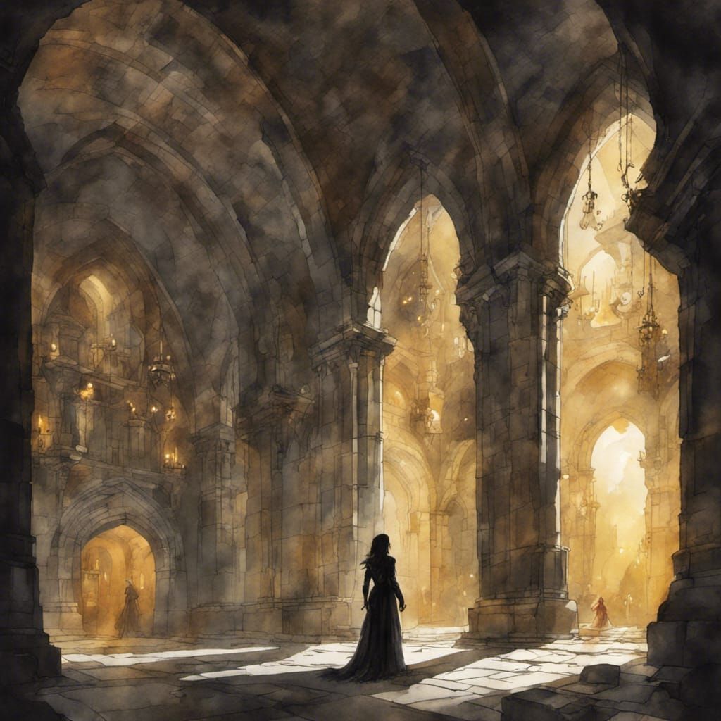 Realistic, watercolor, D&D, The interior of a castle vault, filled with ...