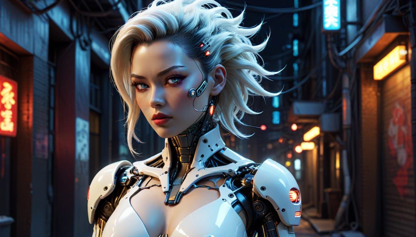 ...female cyborg in white with cyberpunk background - realistic...