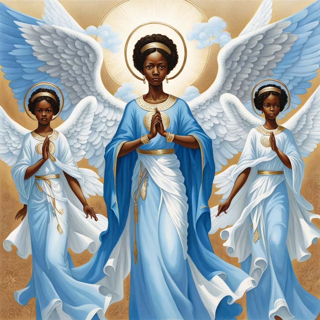 African American angels. Light blue garments. Blue and white spread ...