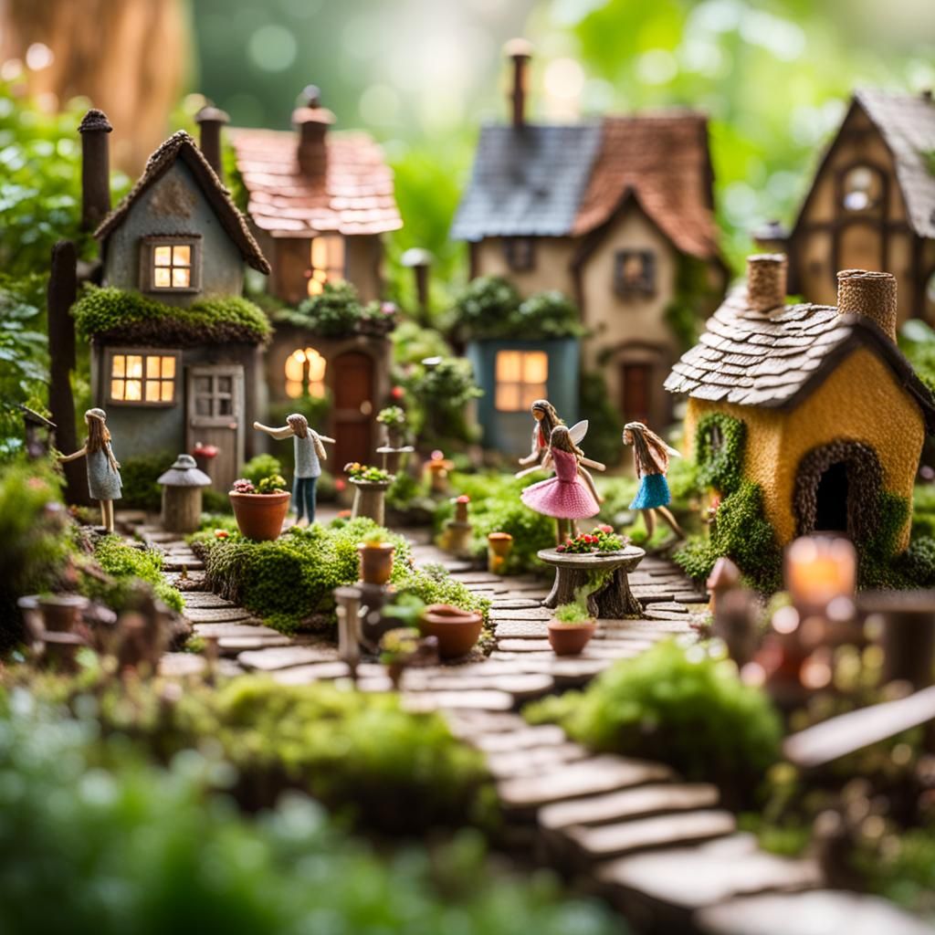Miniature fairy garden village in a human garden with recycled ...