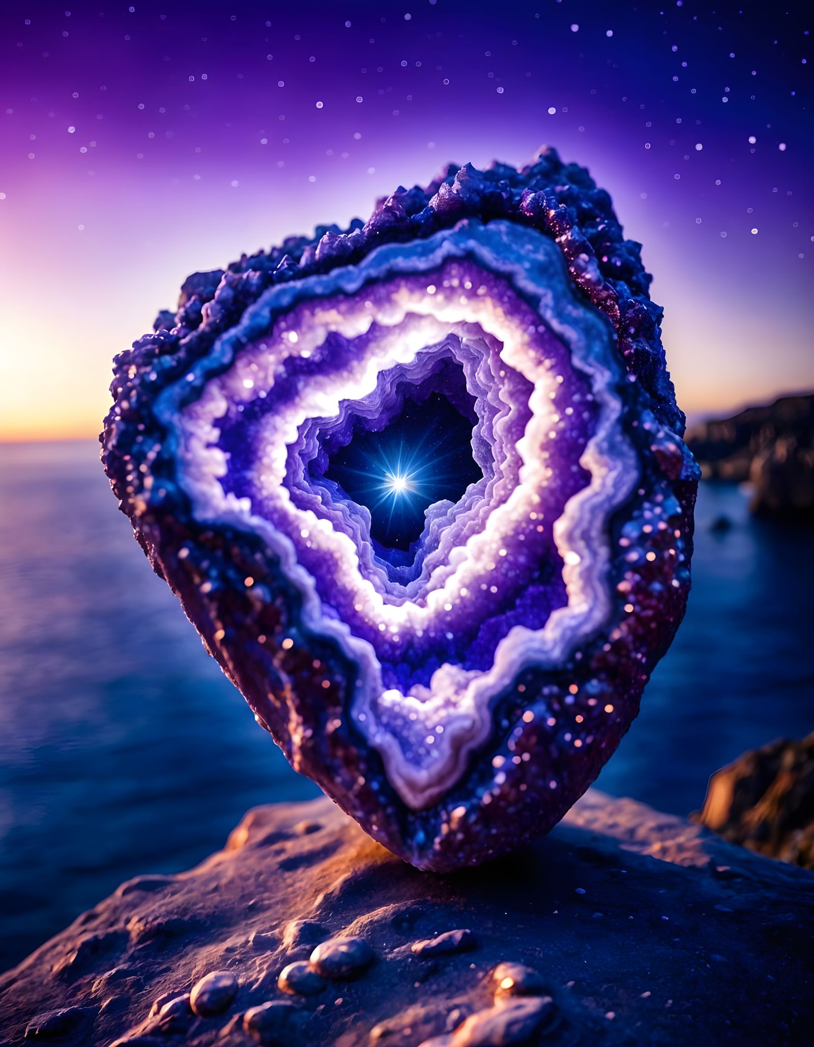 Magic Geode - Glowing Purple Geode Illuminates Seaside Cliff