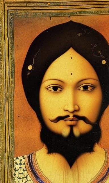 Babur from Mughal dynasty, in the style of Leonardo da Vinci, abstract ...