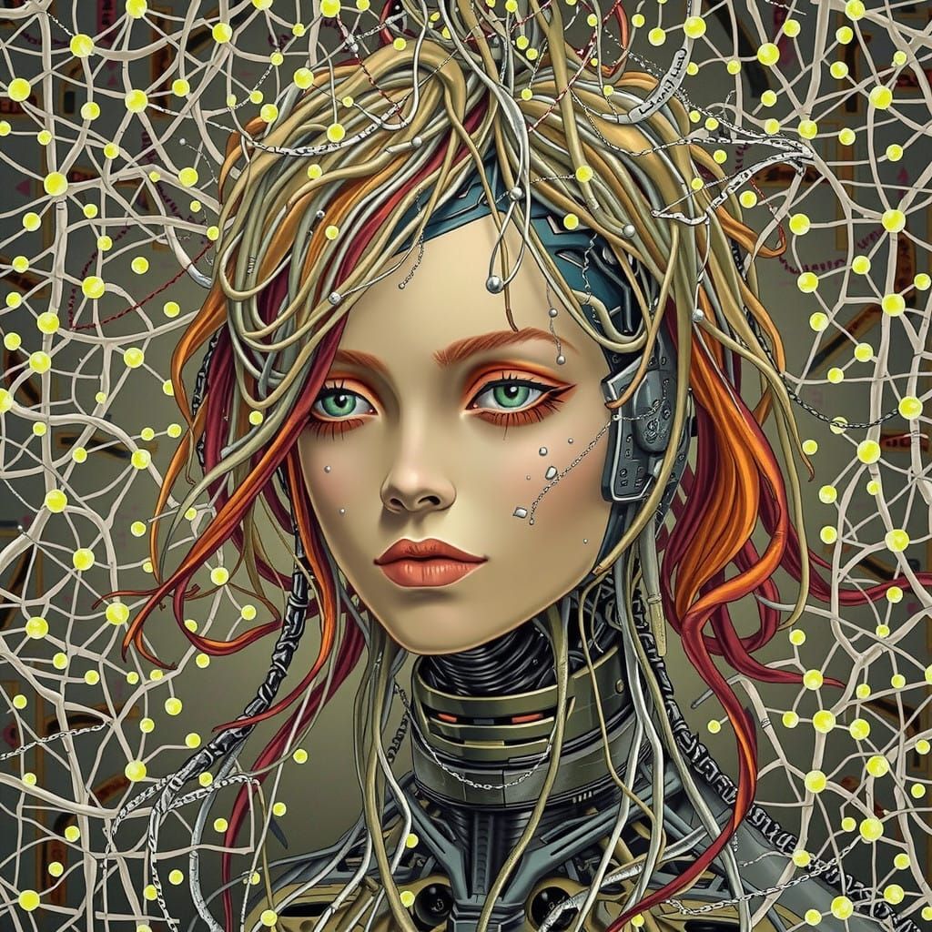 AI woman, her hair and clothes morph into an anthropomorphic machine ...