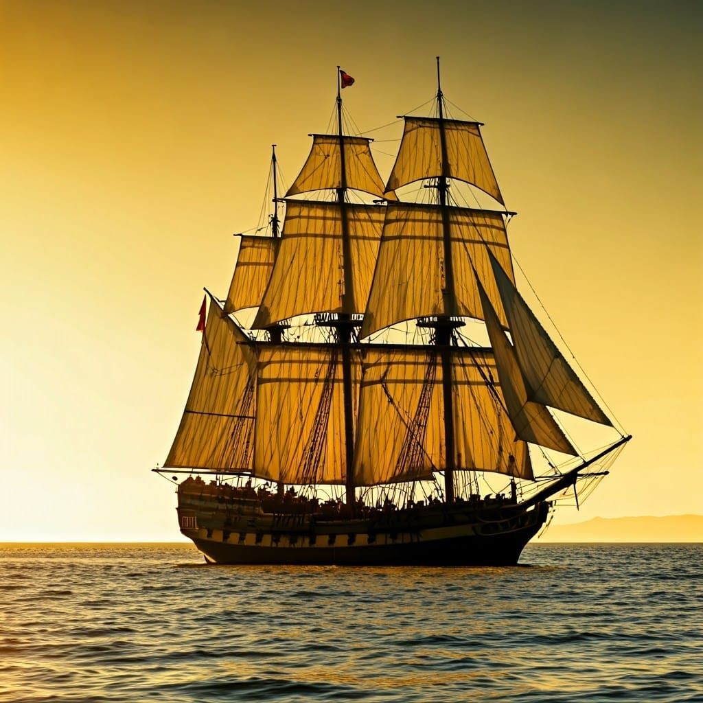 Pirate Galleon Sails into Sunset, Inspired by Mast... - AI Art