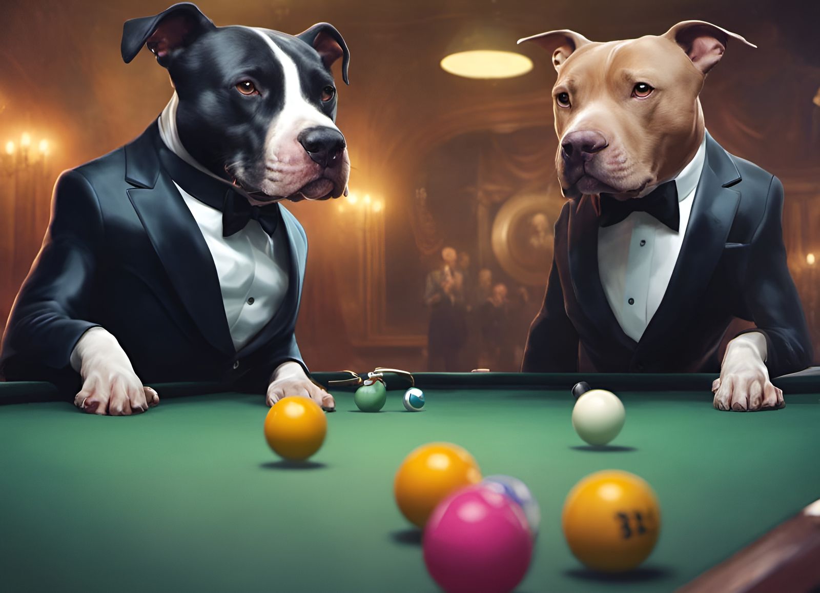 2 pitbull dressed in a tuxedo playing pool together - AI Generated ...