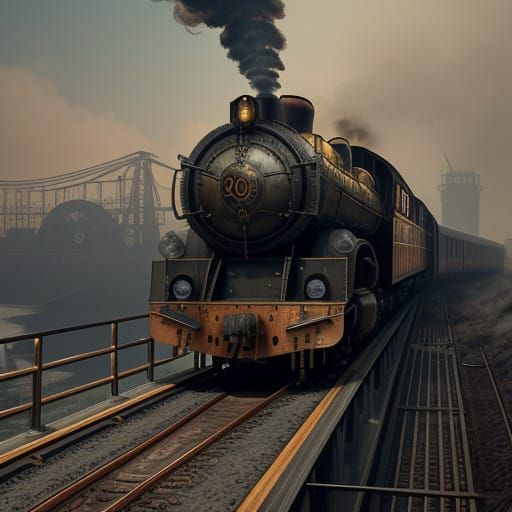Retro-Futuristic Steam Train Soars Through Smog-Sh... - AI Art