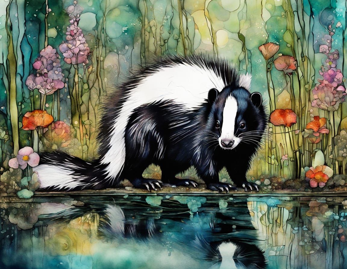 Skunk drinking from a flowering marsh