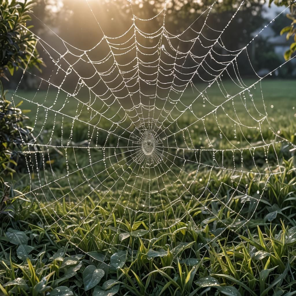 a huge spider web on the lawn covered in dew and with great lighting highlighting the drops - AI ...