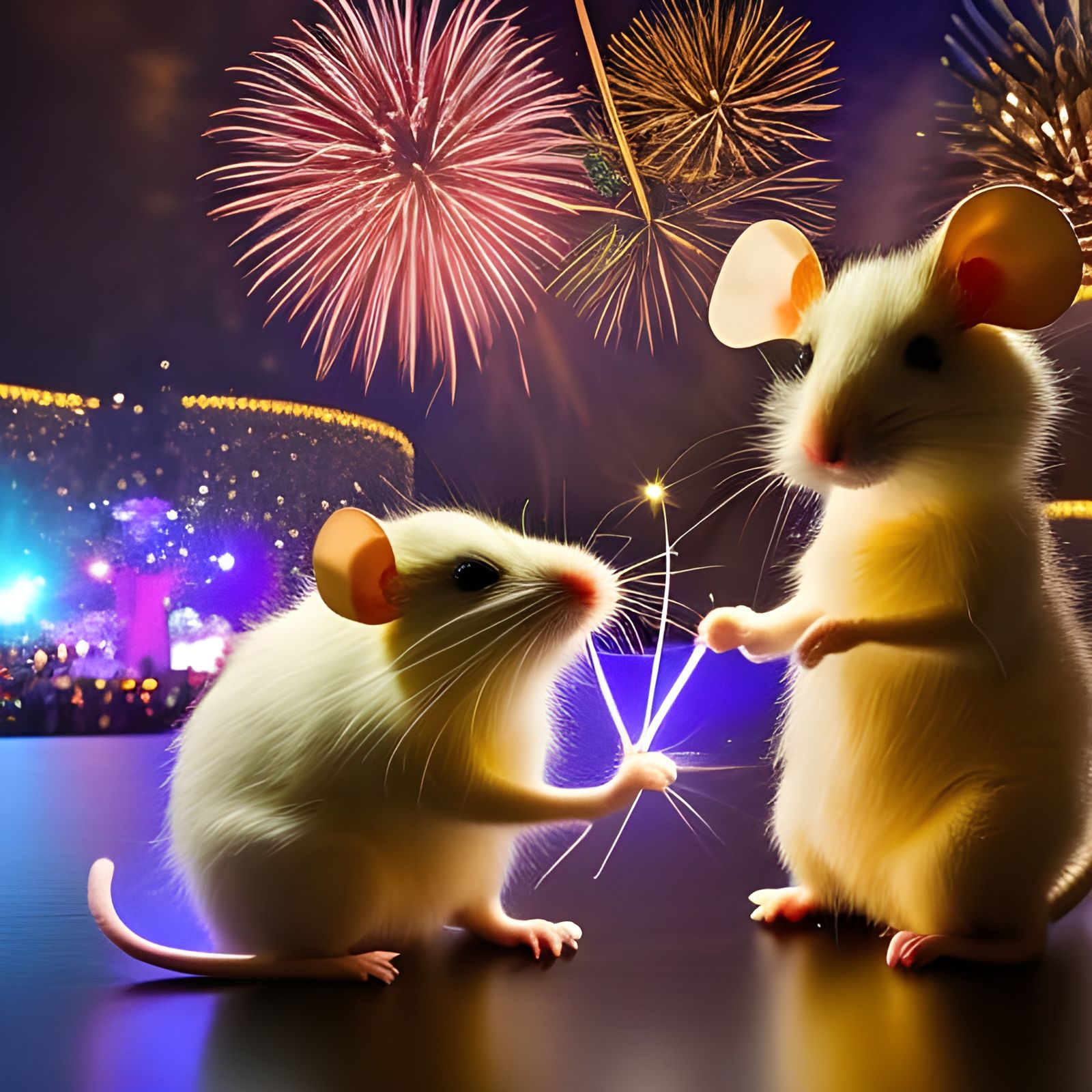 Beautiful fireworks. Two real mice on a romantic date at a table drink ...