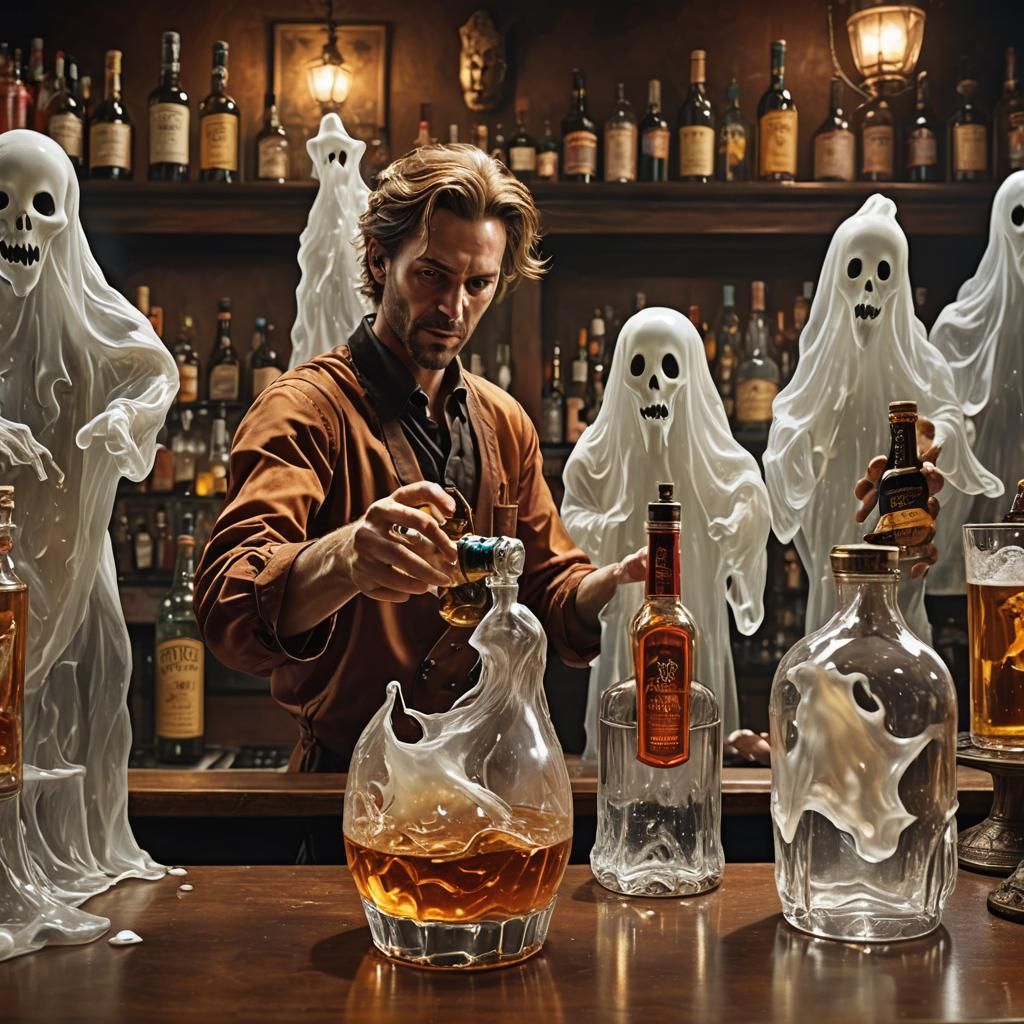 Amber, bronze and clear spirit ghosts are trapped in bottles lined up ...