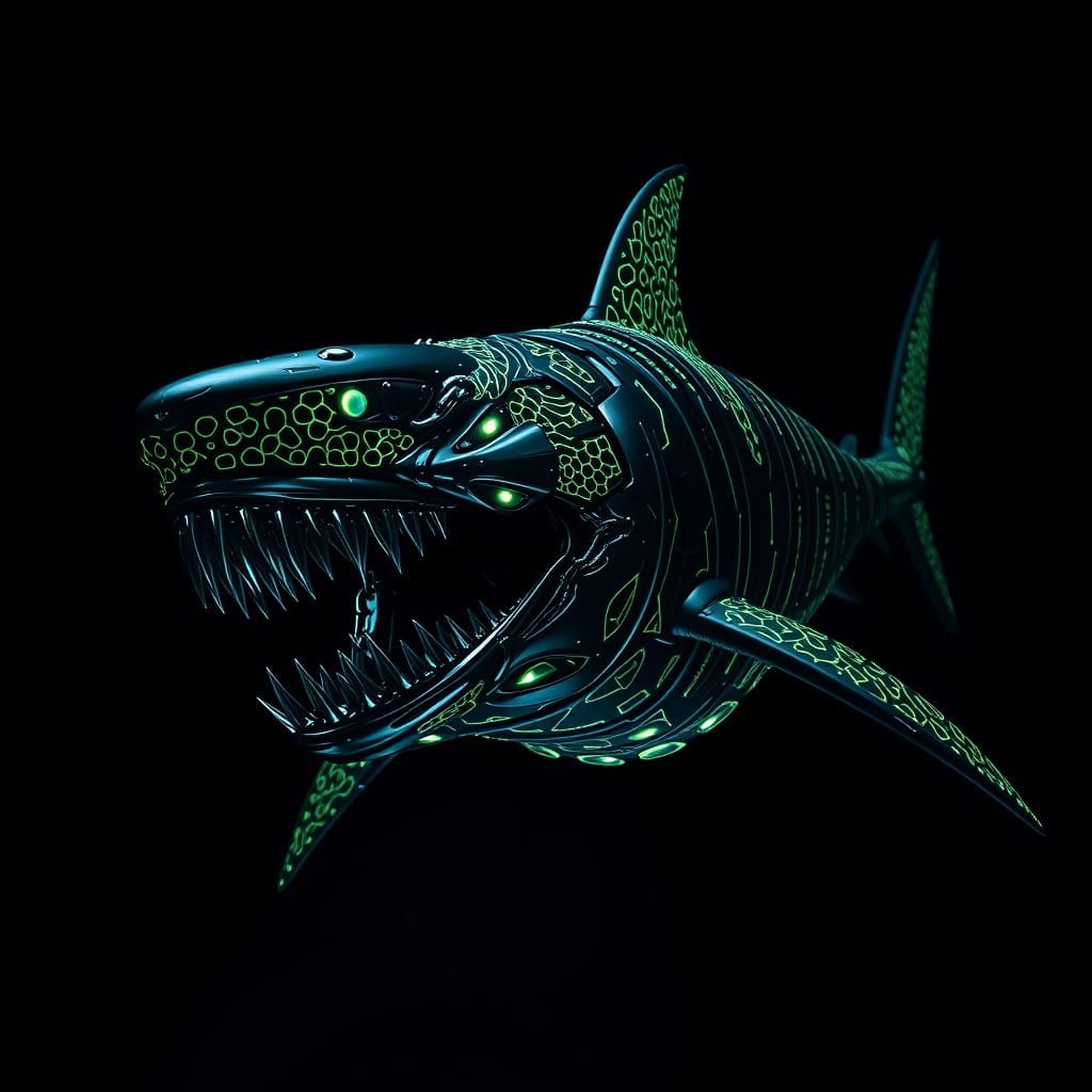 Bioluminescent Bone Shark Xenomorph in Dark Ocean - AI Art