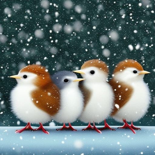 cute fluffy little Birds huddle together in winter while it's snowing ...