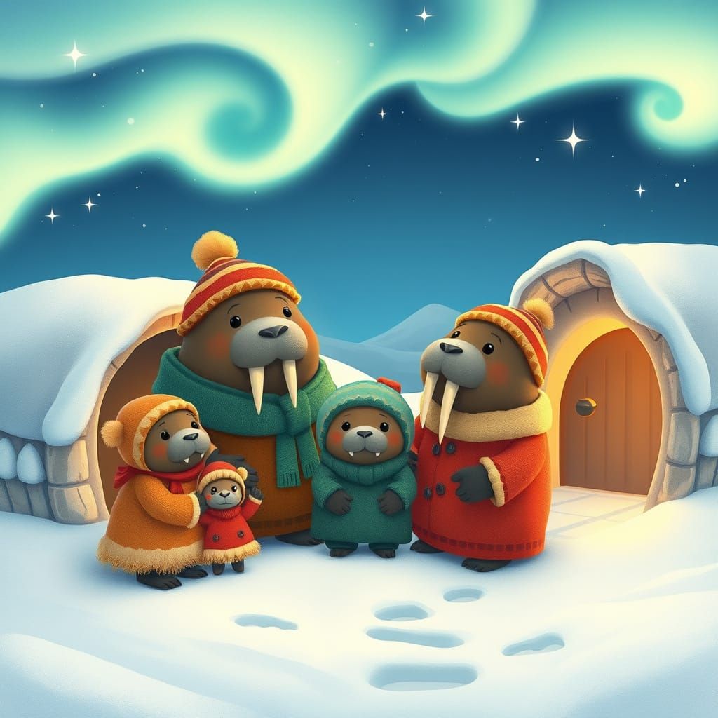 Whimsical Walrus Family Gathered Around Igloos in ... - AI Art