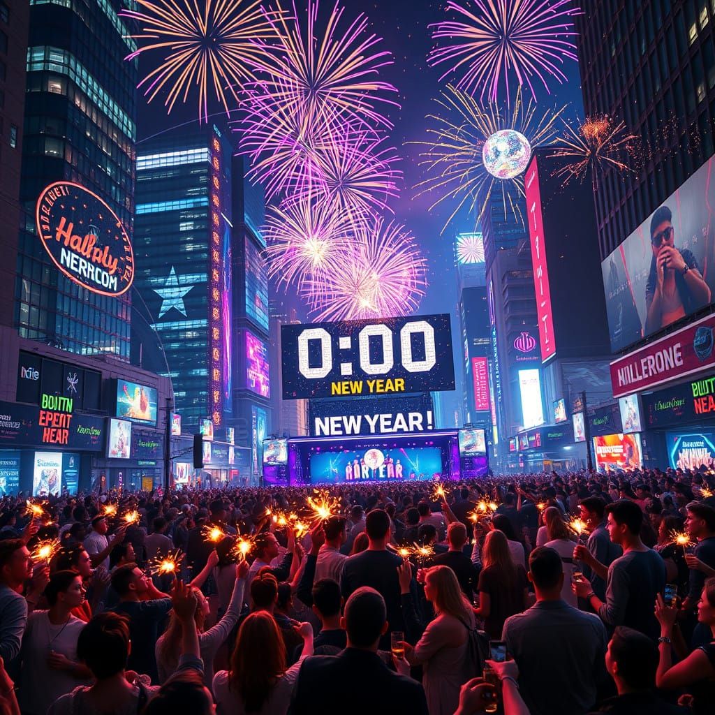 "A vibrant New Year’s Eve countdown scene in a bustling city square at ...